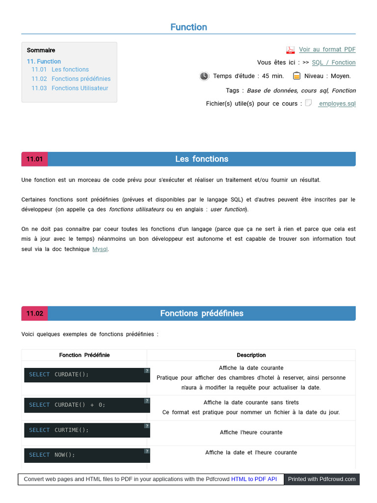Fonctions SQL : Prédéfinies et Utilisateur | PDF | SQL | Internet