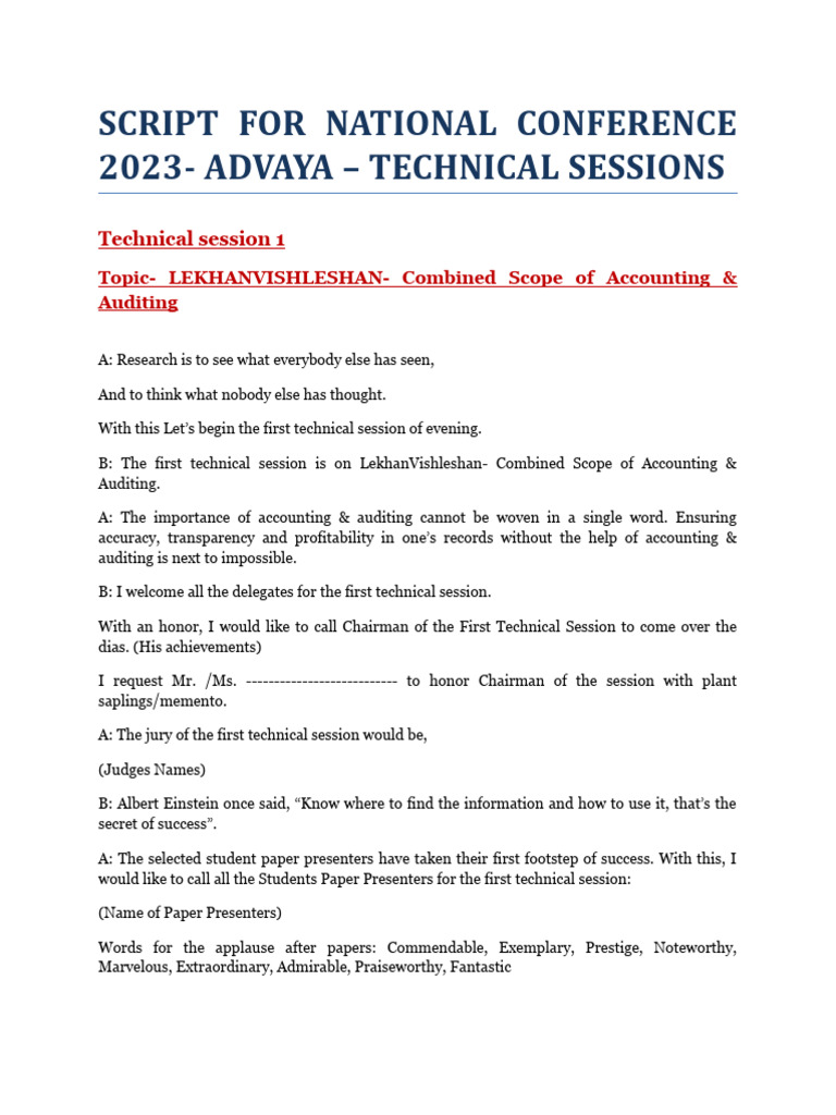Technical Sessions and Valedictory Session Script | PDF | Career ...