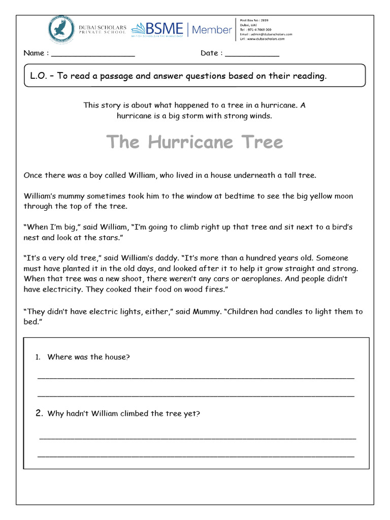Reading Comprehension - Hurricane Tree - Fiction | PDF