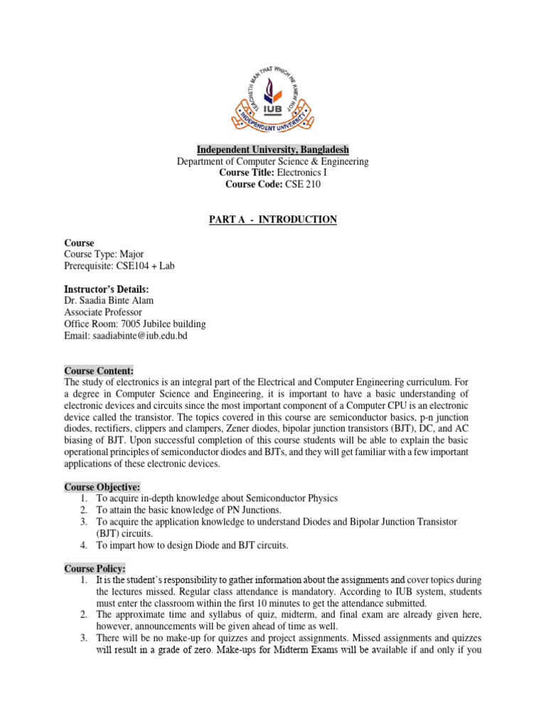 Course Outline CSE 210 Summer 2023 | PDF | Bipolar Junction Transistor | Rectifier