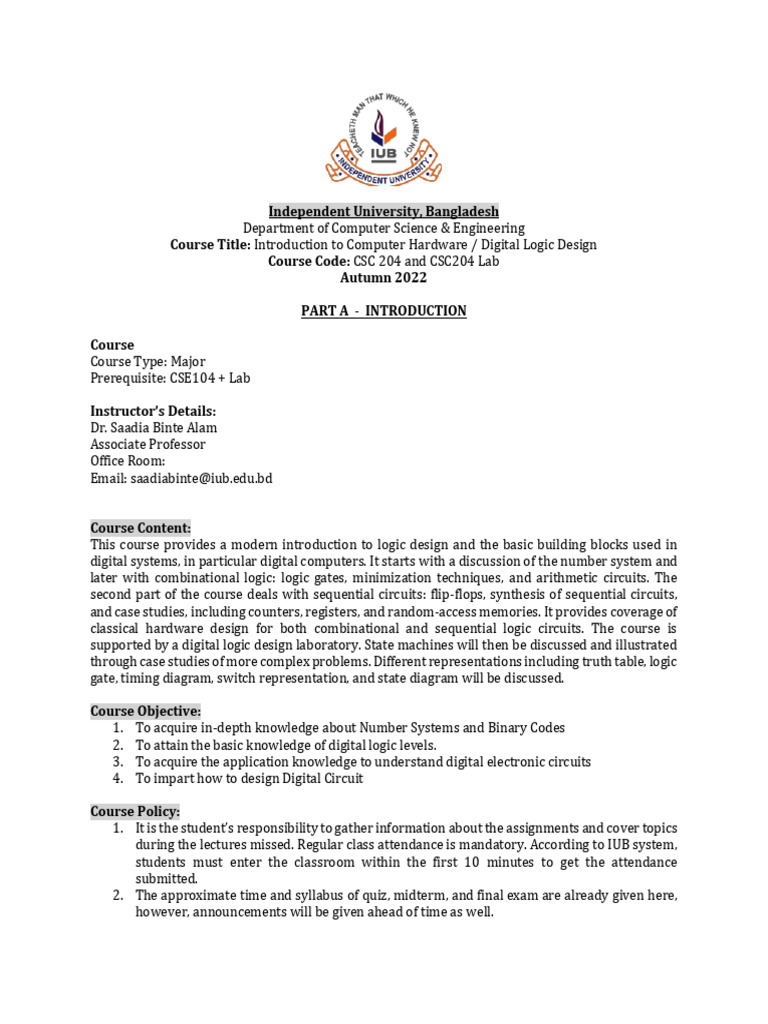 OBE Course Outline CSE204 | PDF | Logic Gate | Logic Synthesis