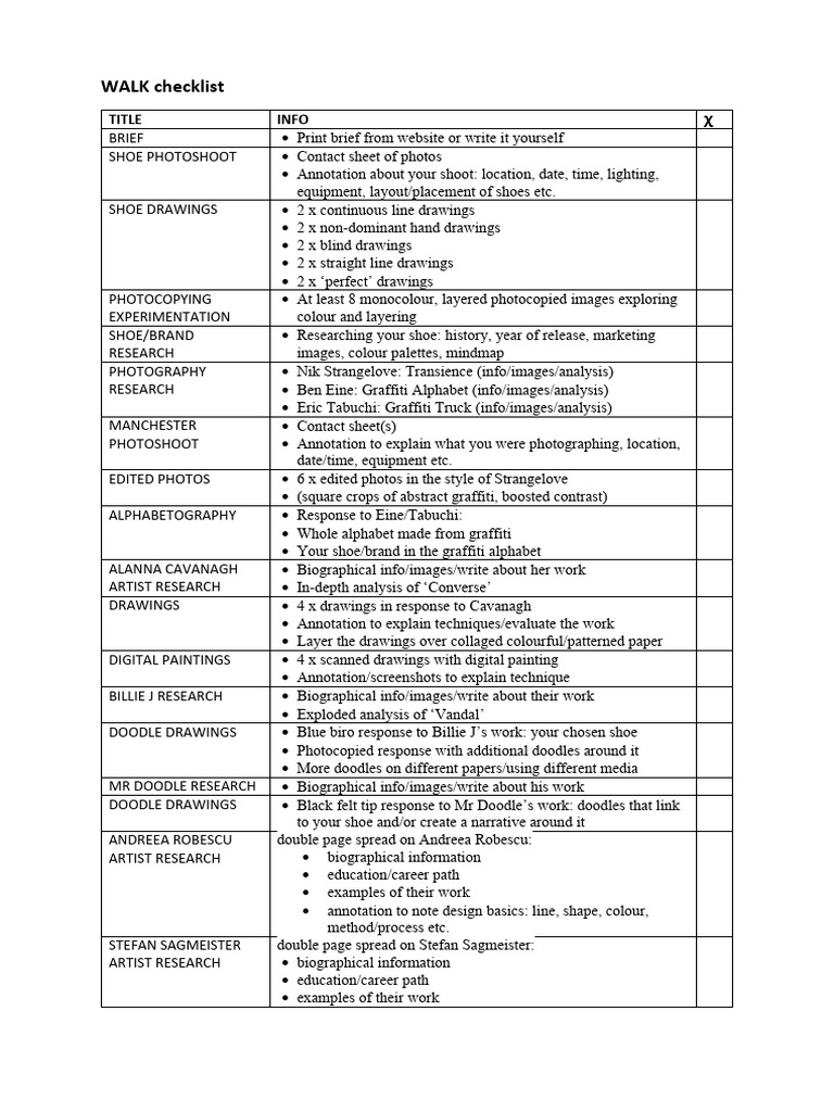 Walk Checklist 1 | PDF | Typography | Drawing