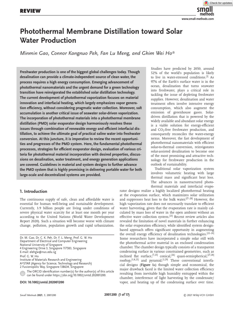 Photothermal Membrane Distillation Toward Solar Water Production | PDF ...
