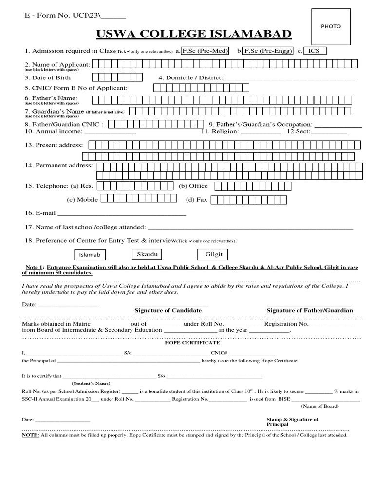 Uswa College Islamabad Admission Form | PDF | Fee