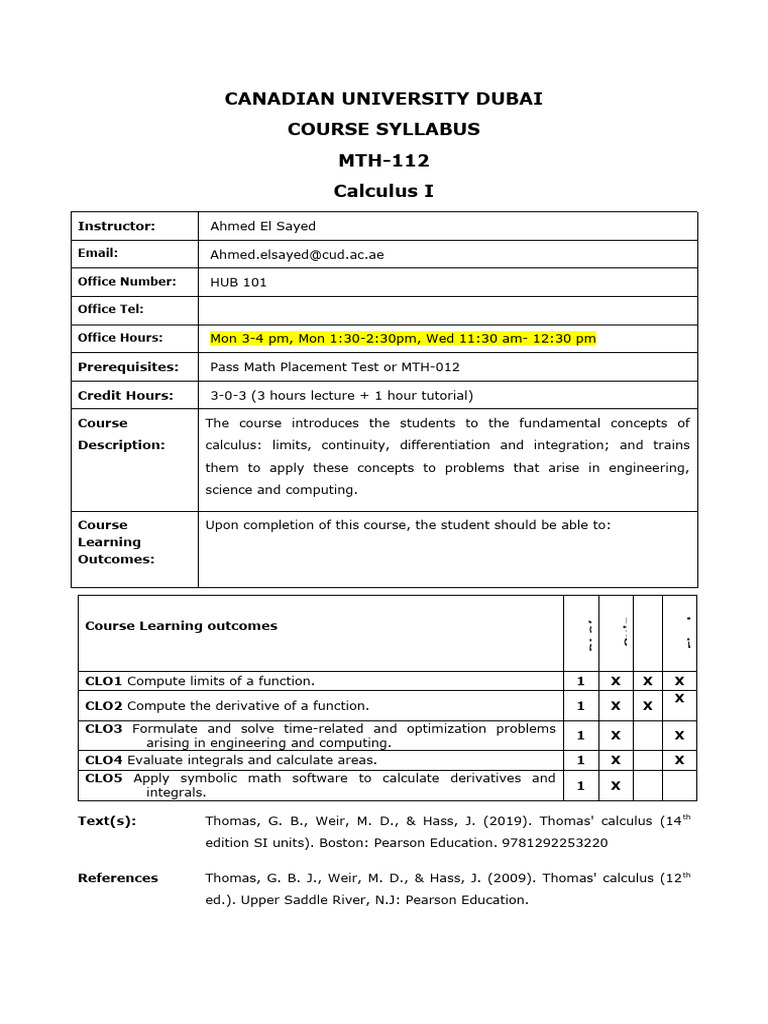 MTH - 112 Calculus 1 Syllabus Fall 2023 | PDF | Derivative | Integral