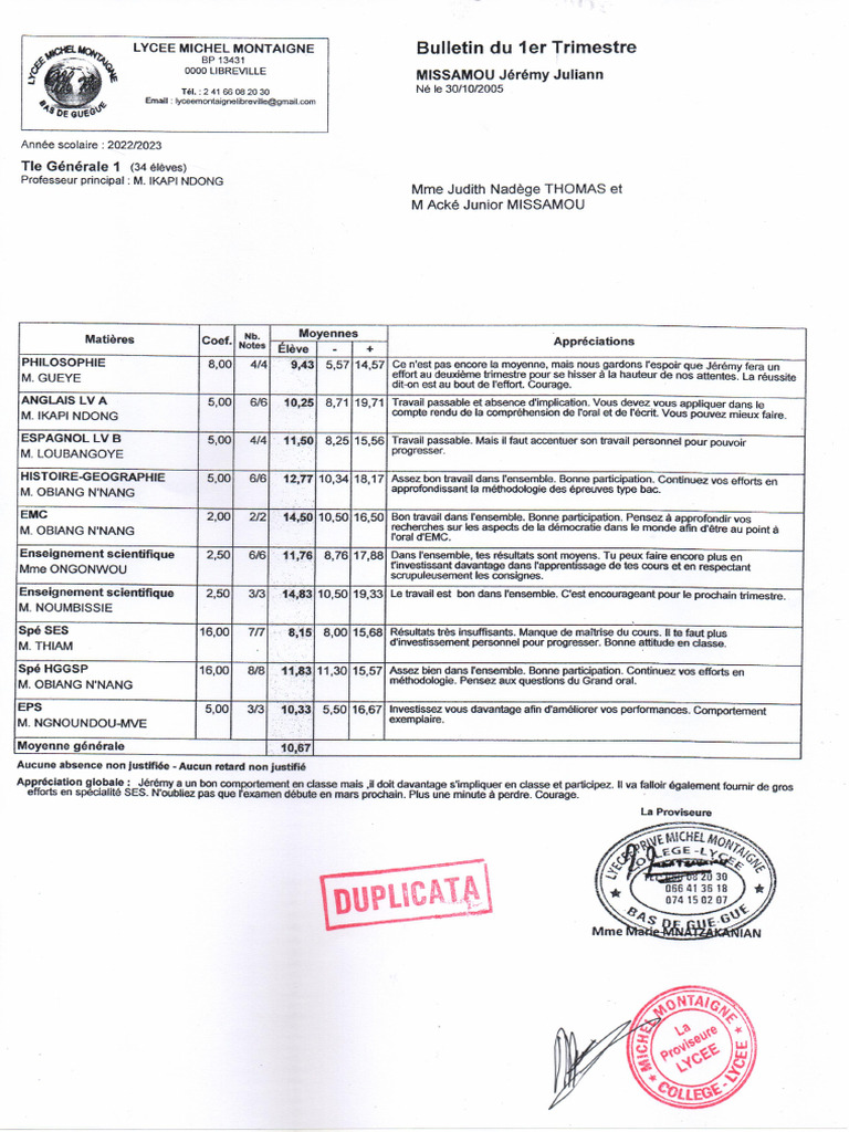 Missamou Bulletin Trim1 Tle Generale 1 | PDF