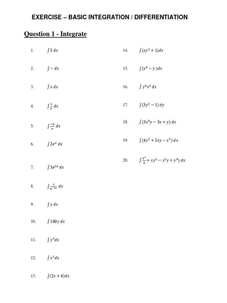 Basic Integration and Differentiation Exercises | PDF | Calculus ...