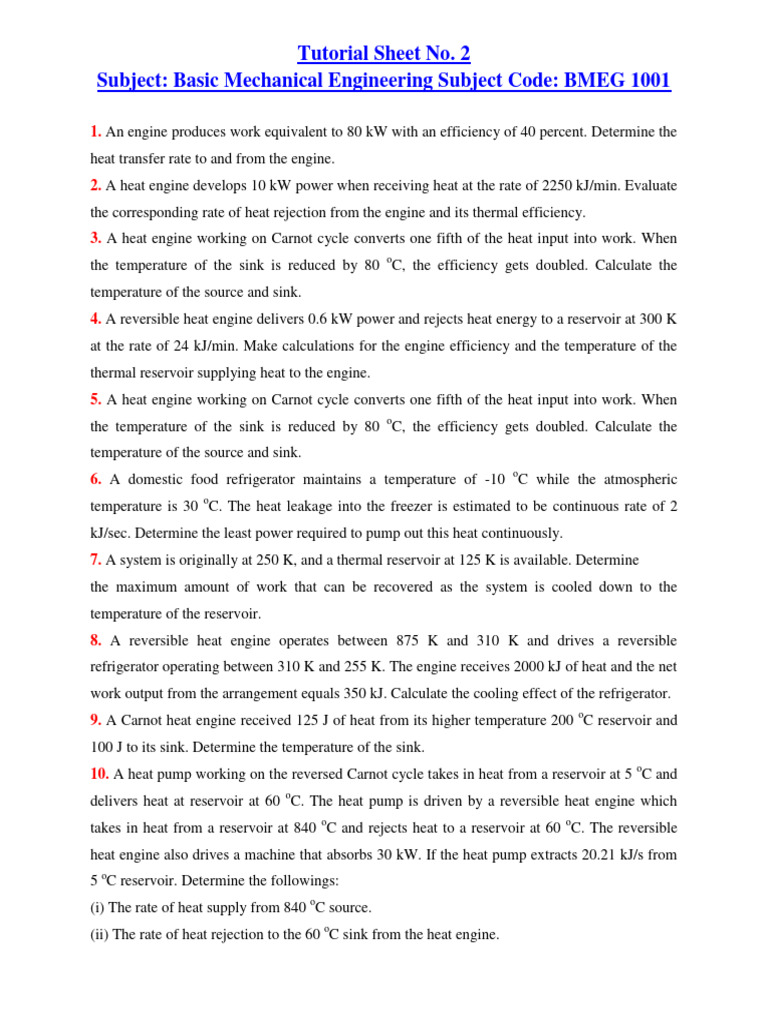 Basic Mechanical Engg. Tutorial Sheet No. 2 | PDF | Heat | Engines