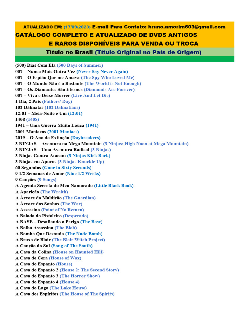 CATÁLOGO DE DVDS - Completo & Atualizado (Bruno Amorim) | PDF