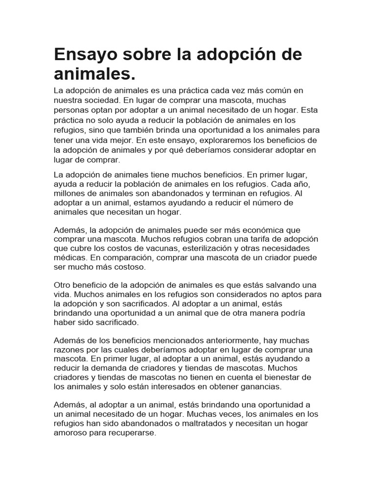 Ensayo Sobre La Adopción de Animales | PDF | Adopción | Mascota