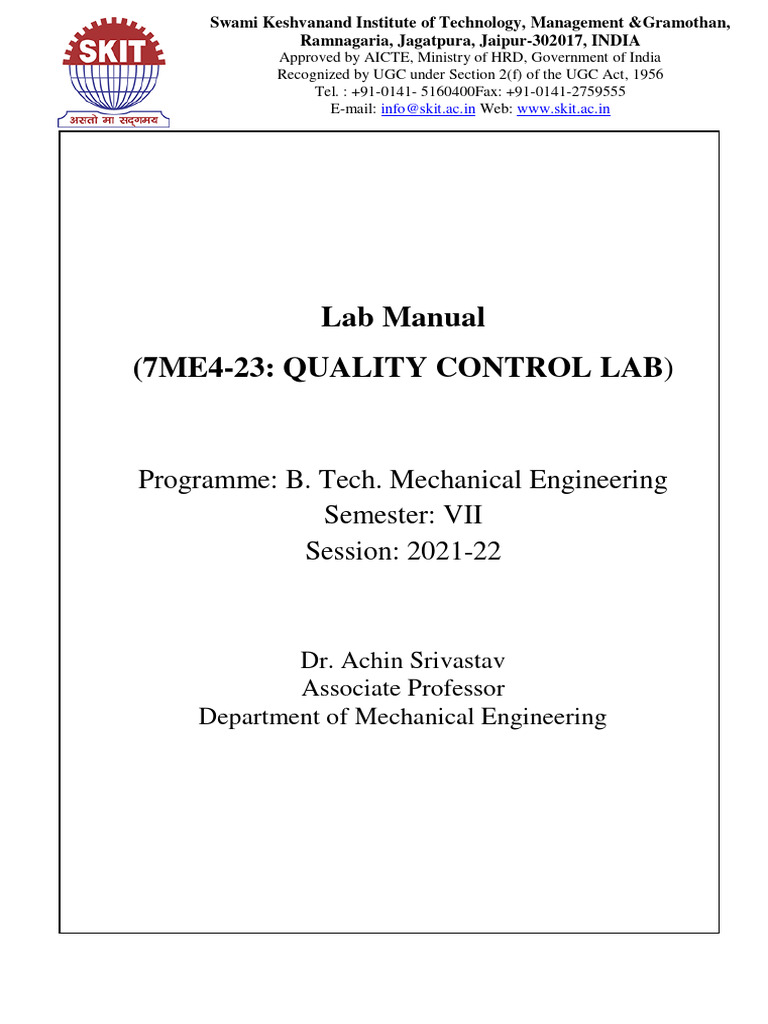 Quality Control Lab Manual for B.Tech | PDF | Engineering | Data