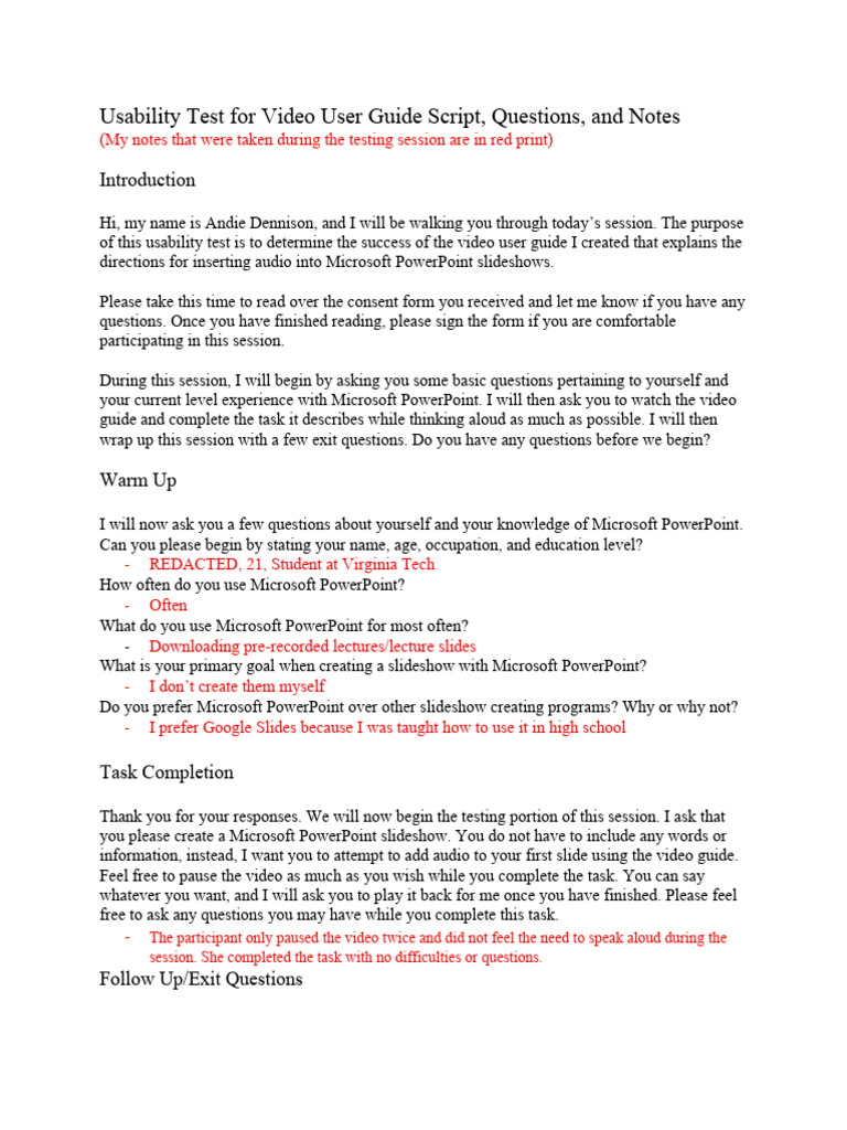 Usability Test For Video User Guide Script Questions and Notes | PDF ...