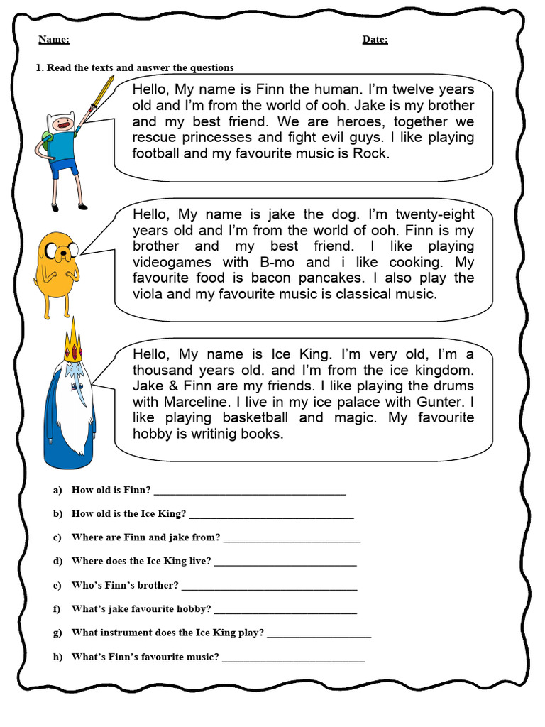 Introducing Oneself With Adventure Time Reading Comprehension Exercises ...