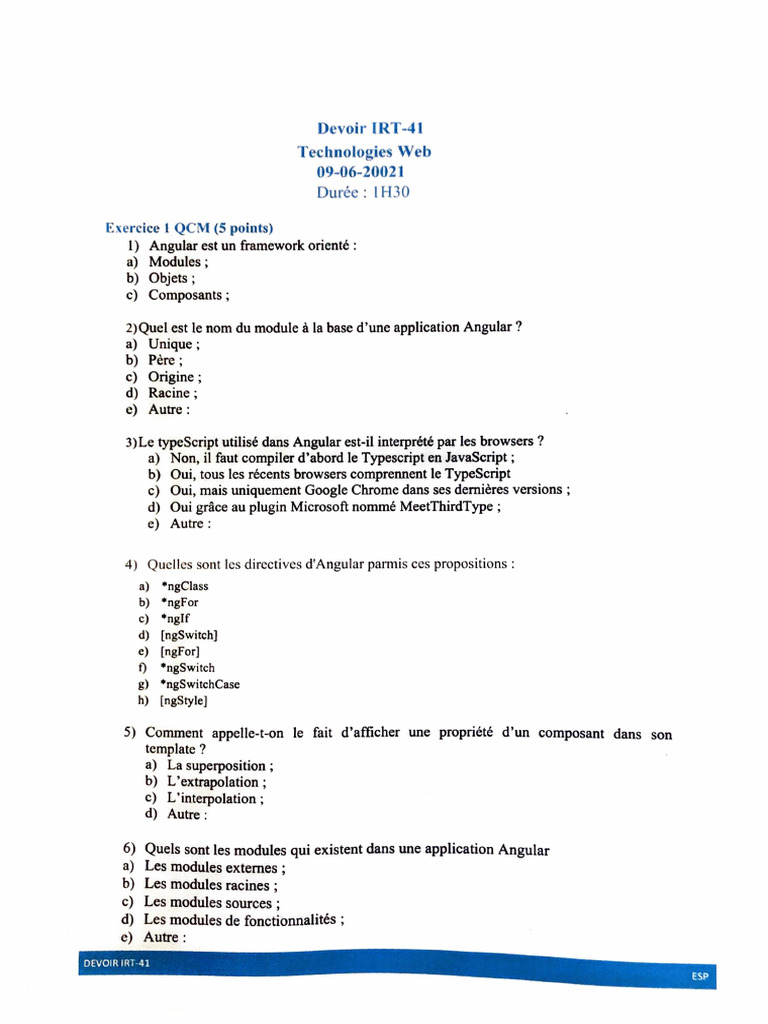 QCM et Développement Angular pour Web | PDF | Génie logiciel | Informatique
