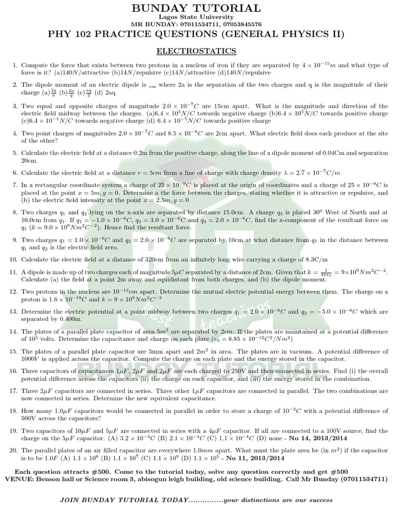 PHY 102 Electrostatics Practice Questions | PDF | Capacitor | Electric Charge