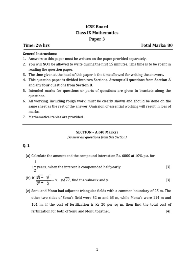 Maths 9 Icse Sample Paper 3 | PDF | Area | Angle Maths 9 Icse Sample Paper 3 | PDF | Area | Angle