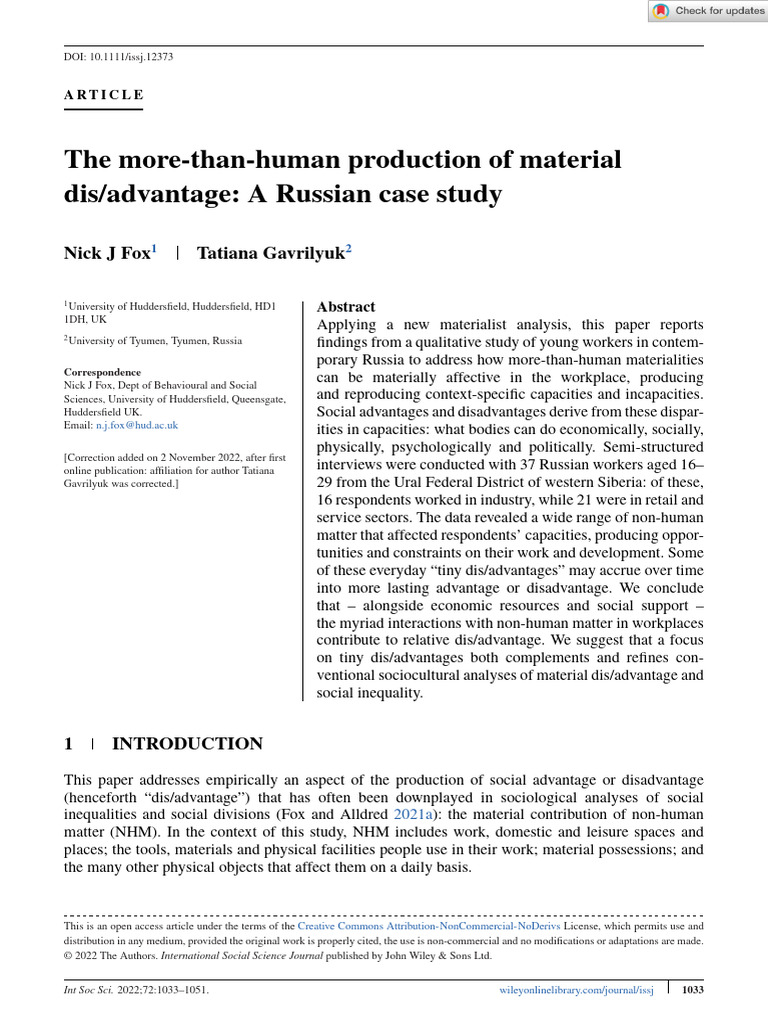 Int Social Sci J - 2022 - Fox - The More Than Human Production of Material Dis Advantage A ...