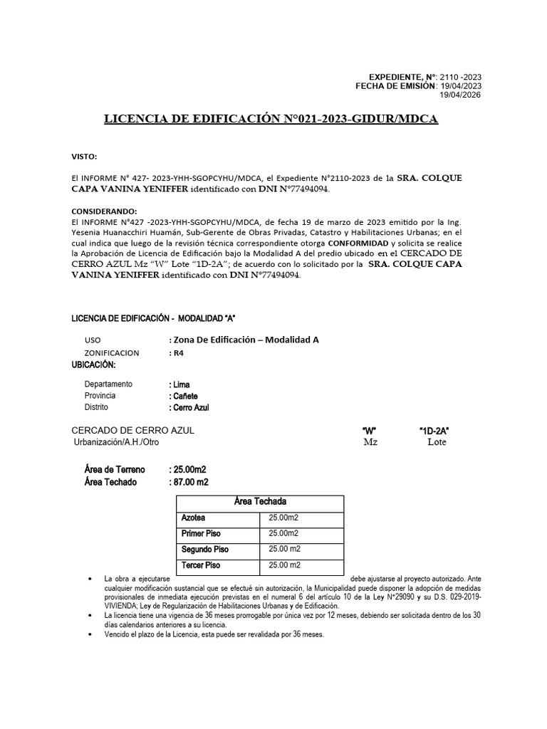 RESOLUCIÓN DE LICENCIA DE EDIFICACION #024 - 2023 - Capa | PDF