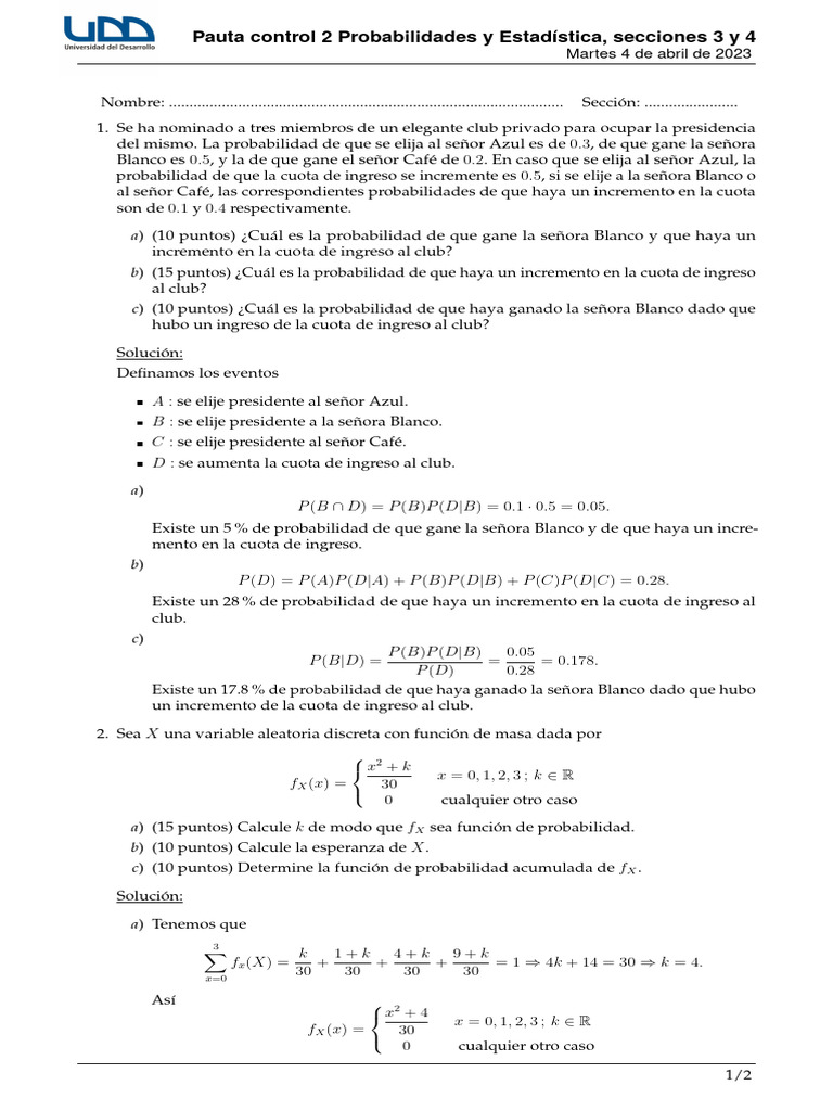 Pauta Control 2 PyE 2023-1 | PDF | Matemáticas | Teoría estadística