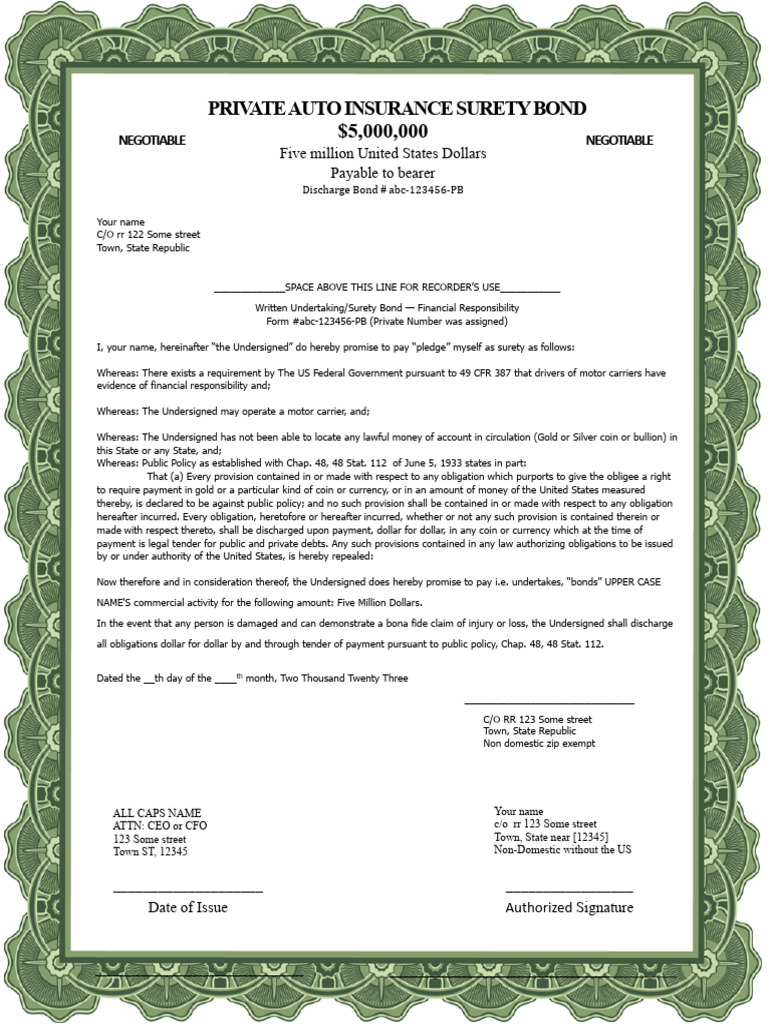 Car Insurance Bond | PDF | United States Dollar | Legal Tender
