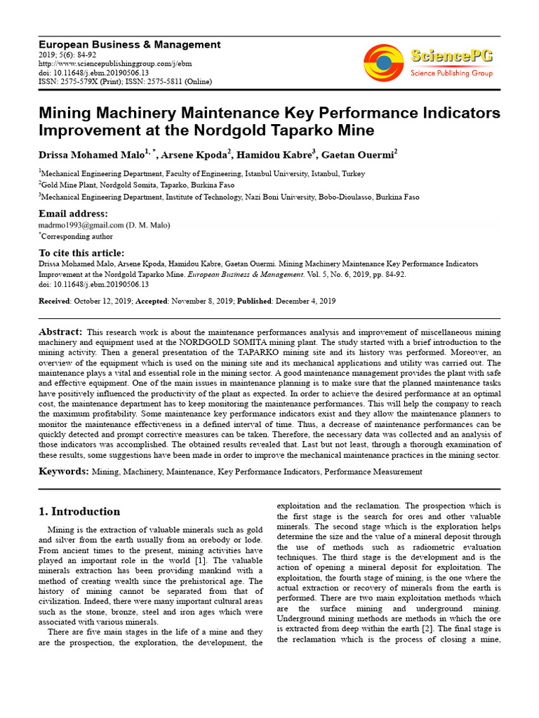 3 Mining Machinery Maintenance Key Performance Indicators | PDF ...