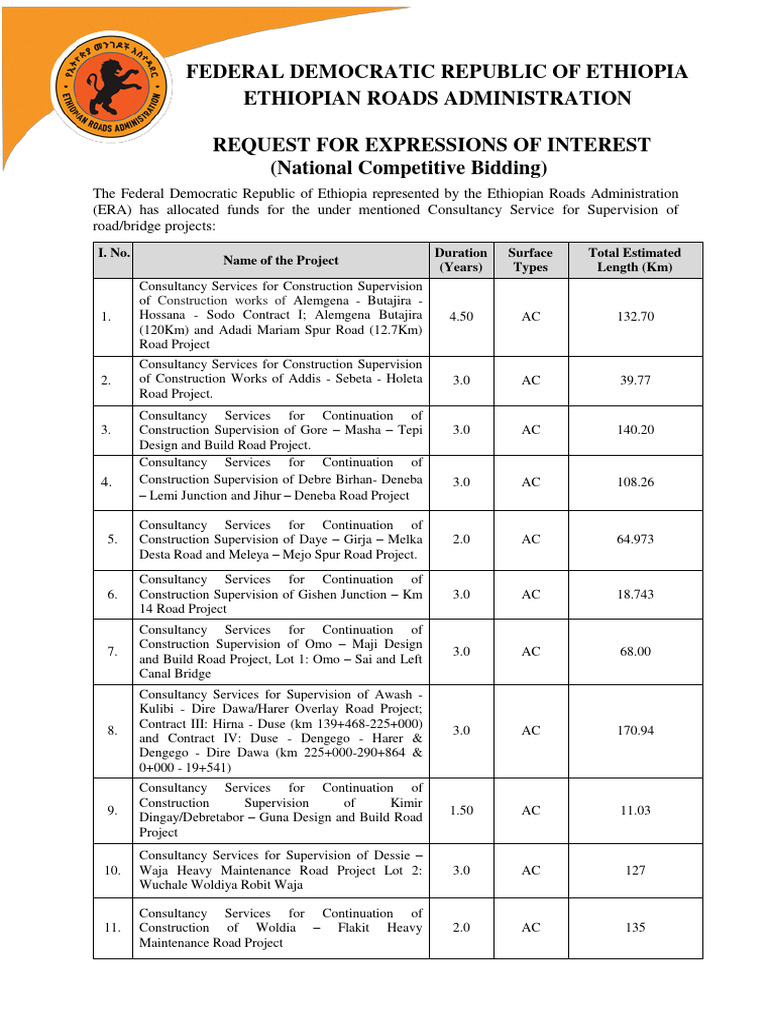 REQUEST FOR EXPRESSIONS OF INTEREST For Supervision of Road Bridge | Download Free PDF ...
