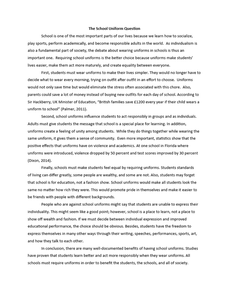 Argumentative Essay - The School Uniform Question | PDF