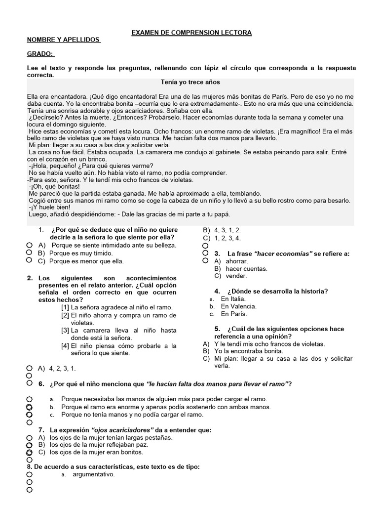 EXAMEN DE COMPRENSION LECTORA-segundo | PDF | Novela negra, policíaca y ...