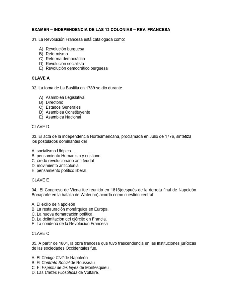 Examen 13 Colonias - Napoleón | PDF