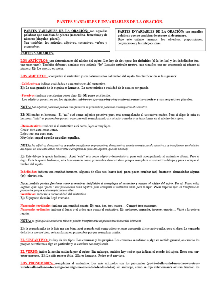 Partes Variables e Invariables de La Oracion | Descargar gratis PDF ...