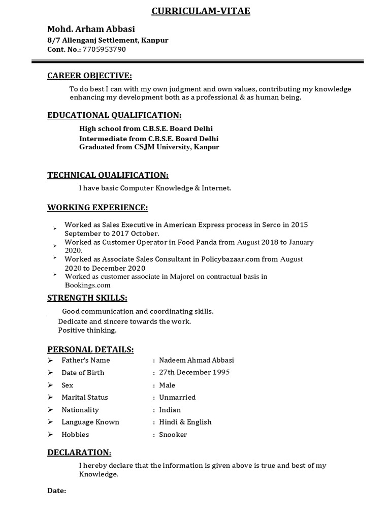 Mohd. Arham Abbasi's CV Summary | PDF