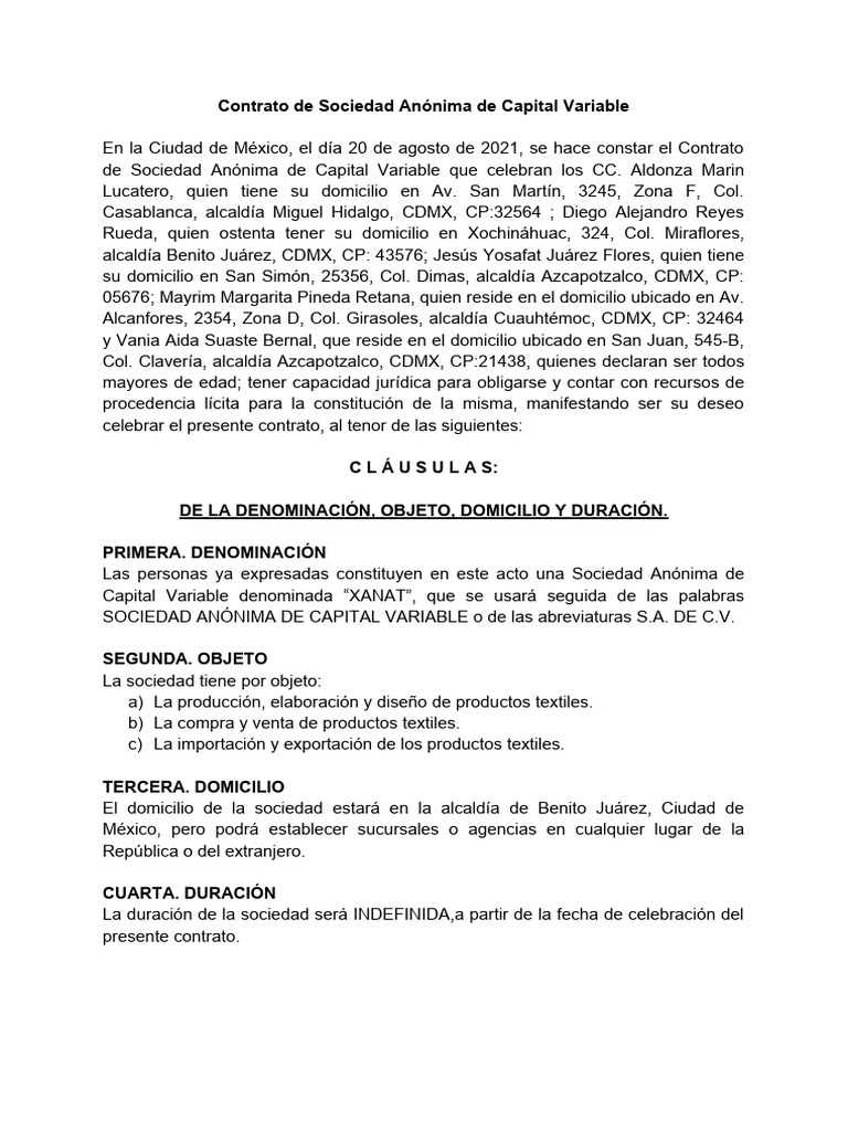 Contrato de Sociedad Anónima de Capital Variable. | Descargar gratis PDF | Sociedad de ...