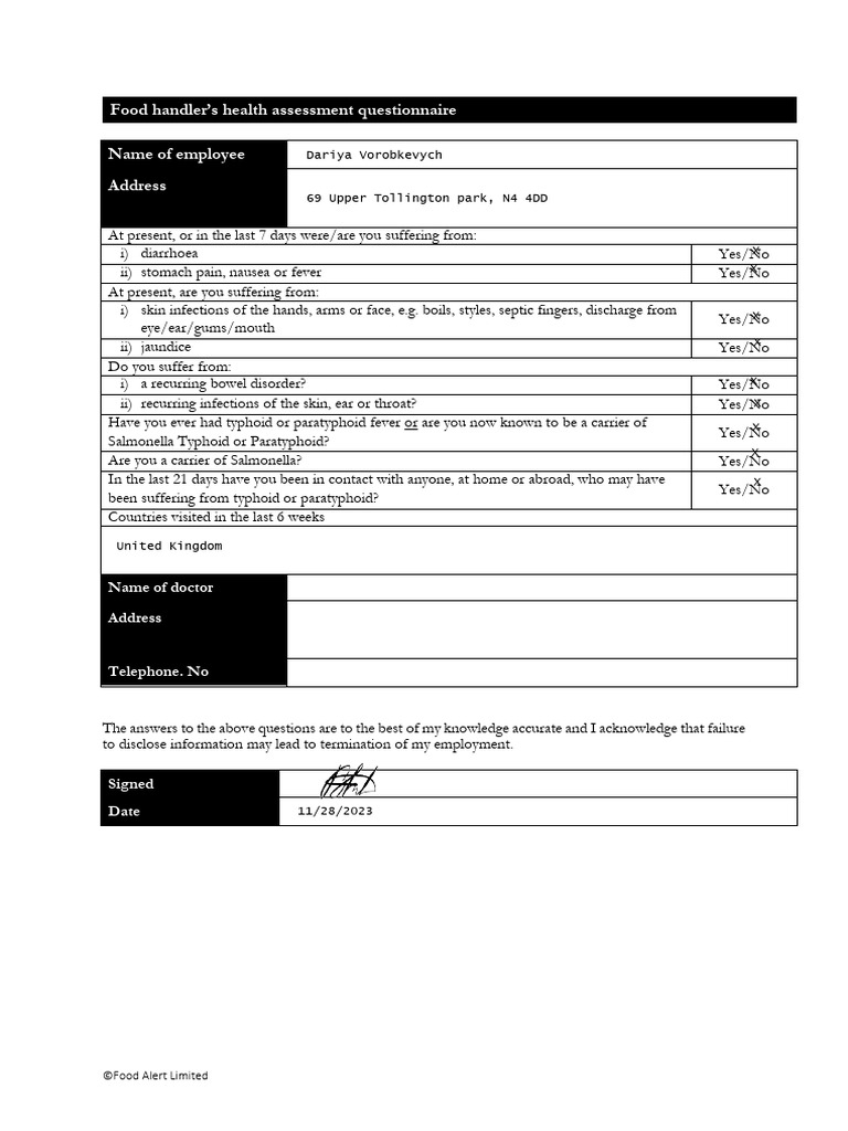 Food Handlers Questionnaire | PDF | Diseases And Disorders | Clinical ...