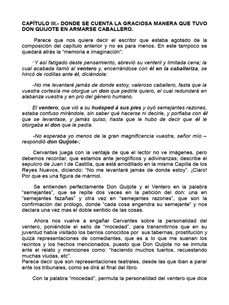 Comentario Quijote Cap 3 | PDF | Don Quijote | Miguel De Cervantes