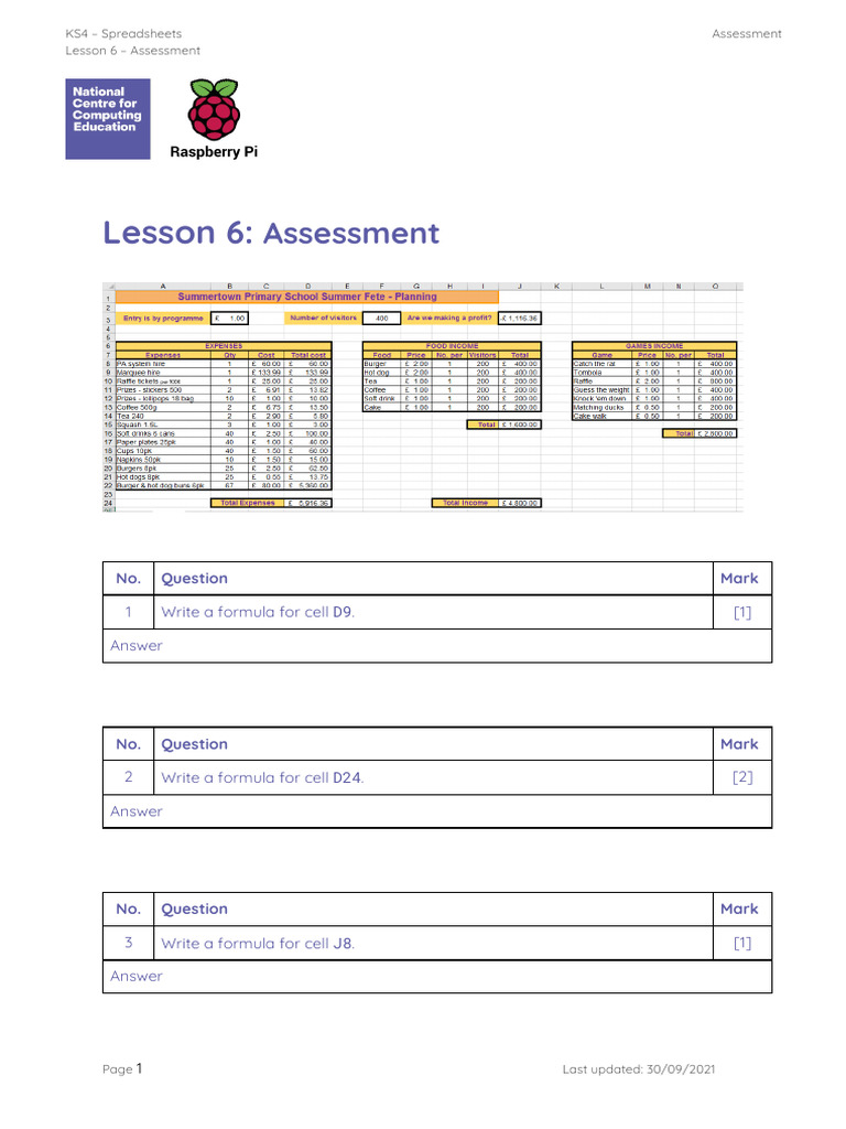 Summative Assessment - Spreadsheets - KS4 | PDF | Spreadsheet ...