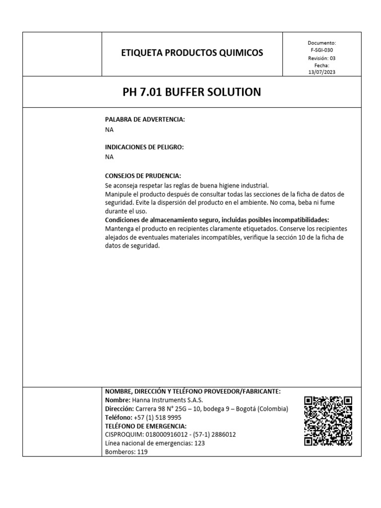 PH 7.01 Buffer Solution - Hanna | PDF