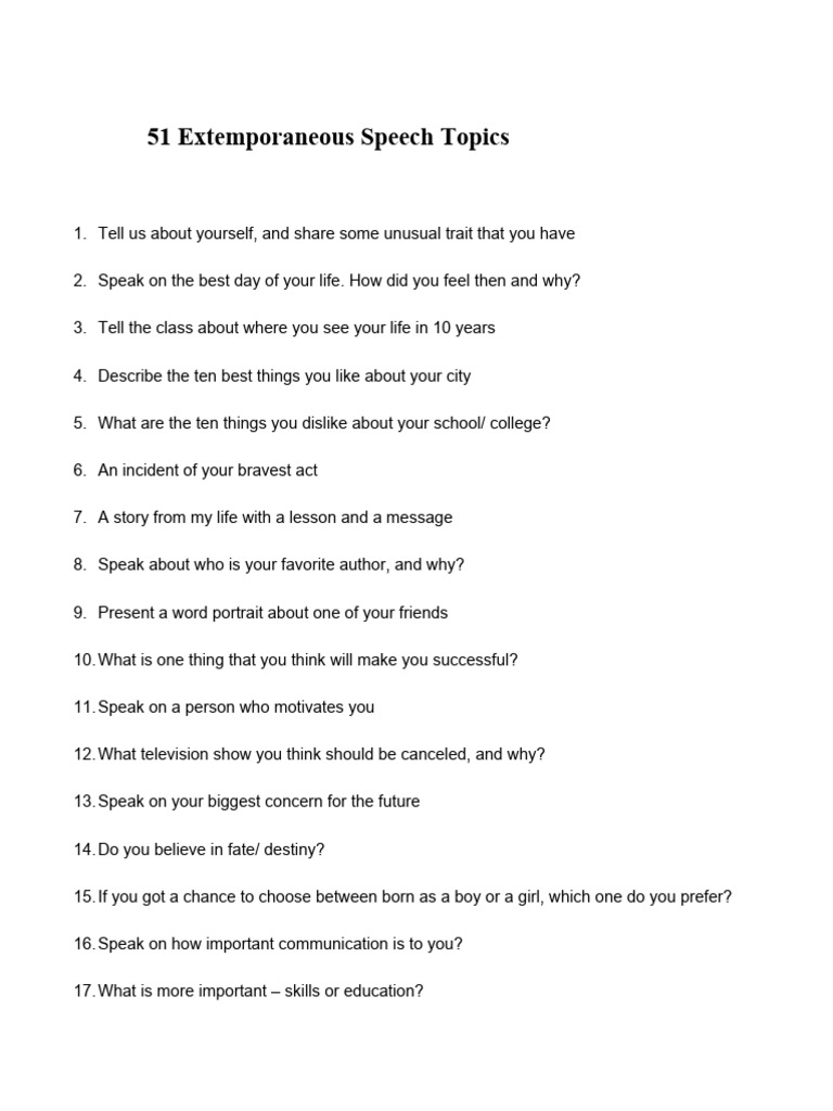 51 Engaging Extemporaneous Speech Topics | PDF | Self-Improvement