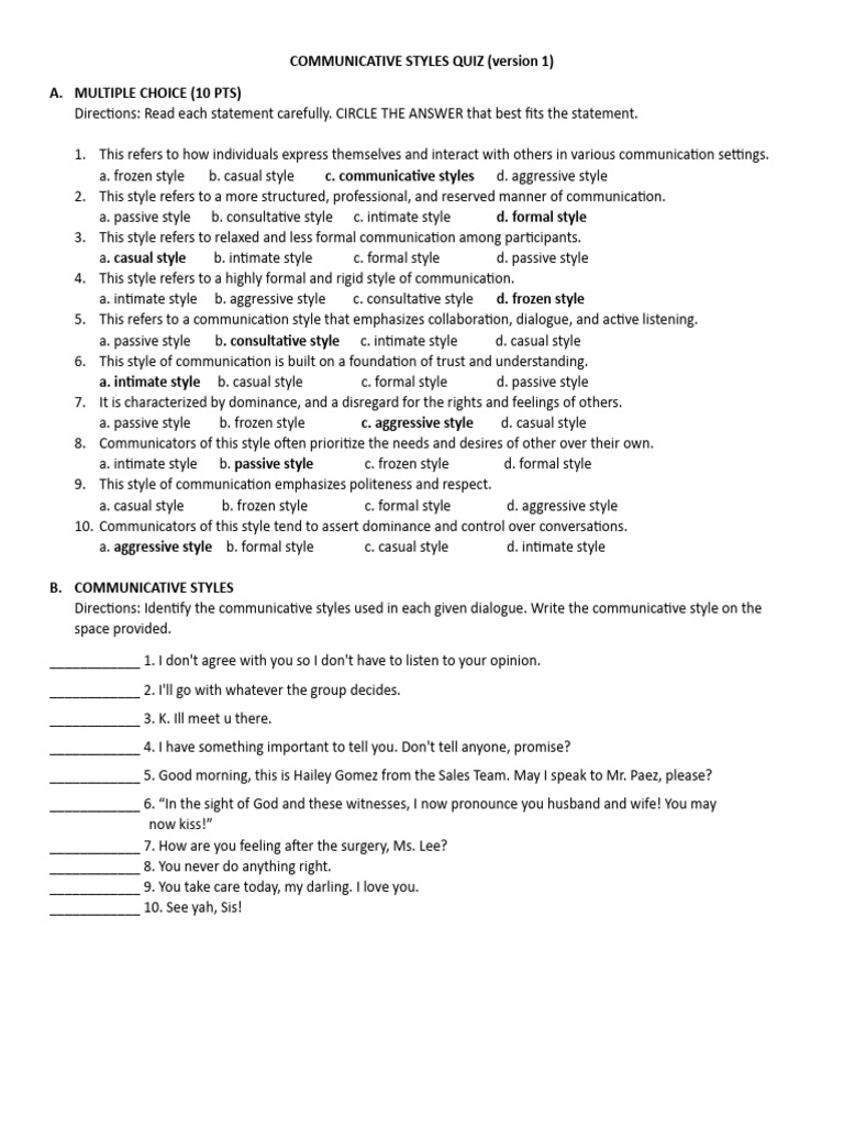 Communicative Styles Quiz and Activities | PDF | Communication | Human ...