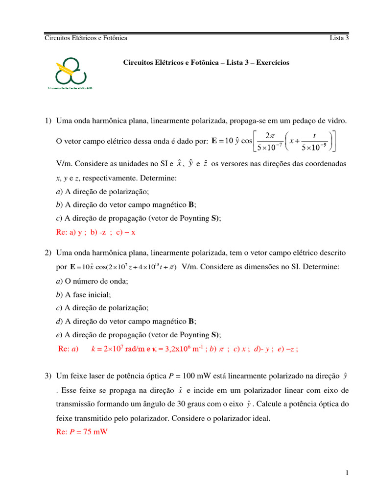 3a Lista de Exercicios C F Gerson | PDF | Laser | Difração