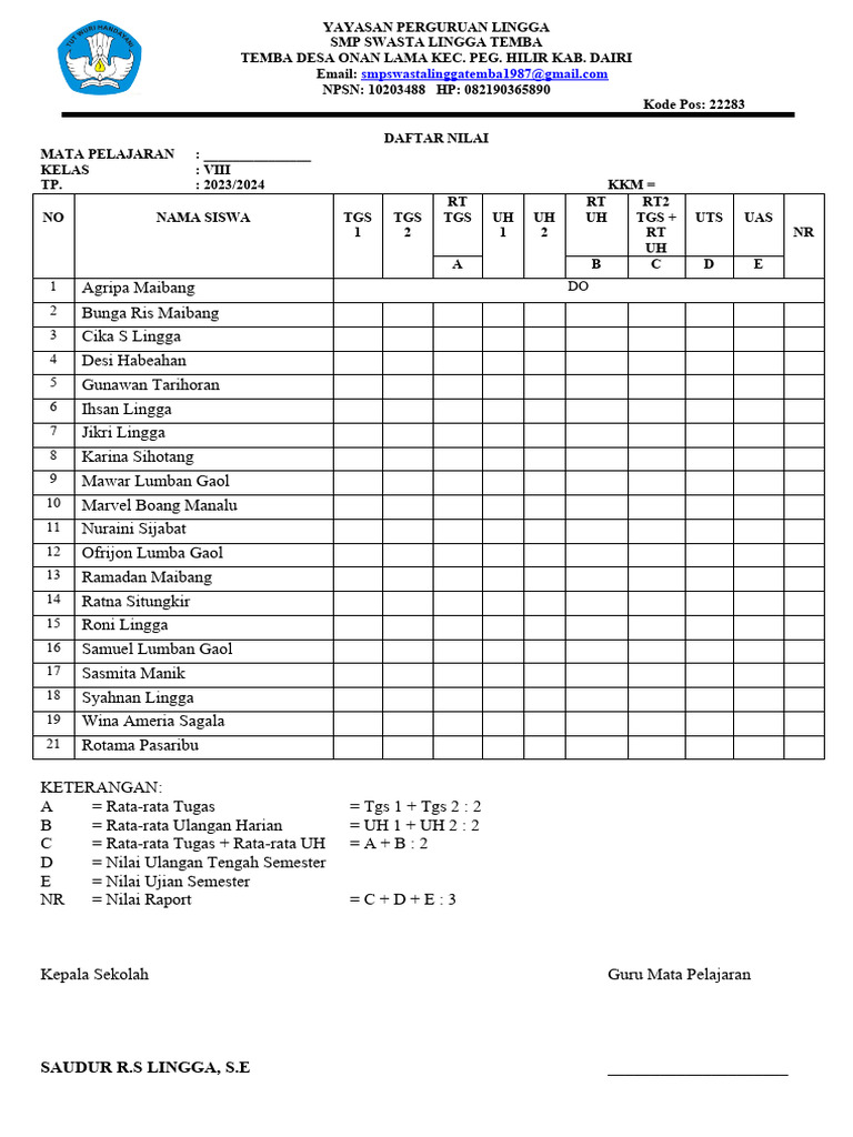 DAFTAR NILAI SMP (10 Mapel X 3) | PDF