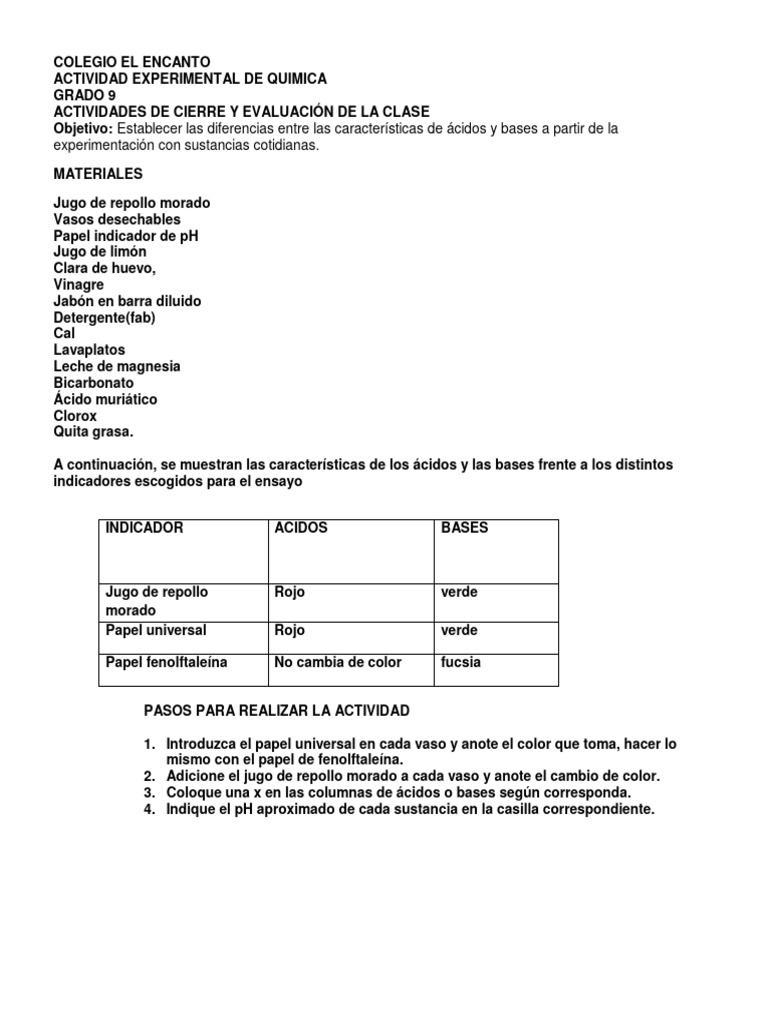 Guia de Actividad Experimental Acidos y Bases y PH | PDF | Ph | Sustancias químicas