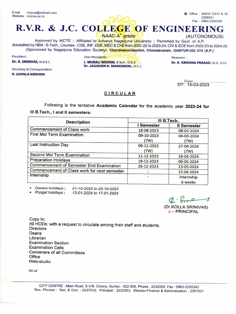Circular Academic Calendar 2023-24 III-B.tech I&II Semesters | PDF Circular Academic Calendar 2023-24 III-B.tech I&II Semesters | PDF