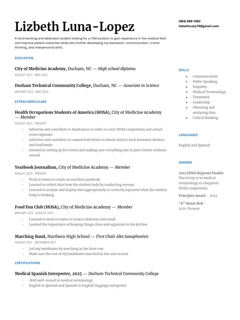 Lizbeth Luna-Lopez: CNA Candidate Profile | PDF | Health Care