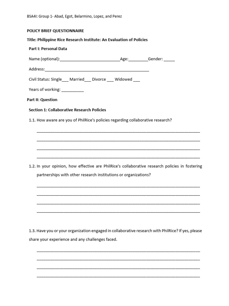 Questionnaire For Policy Brief | PDF