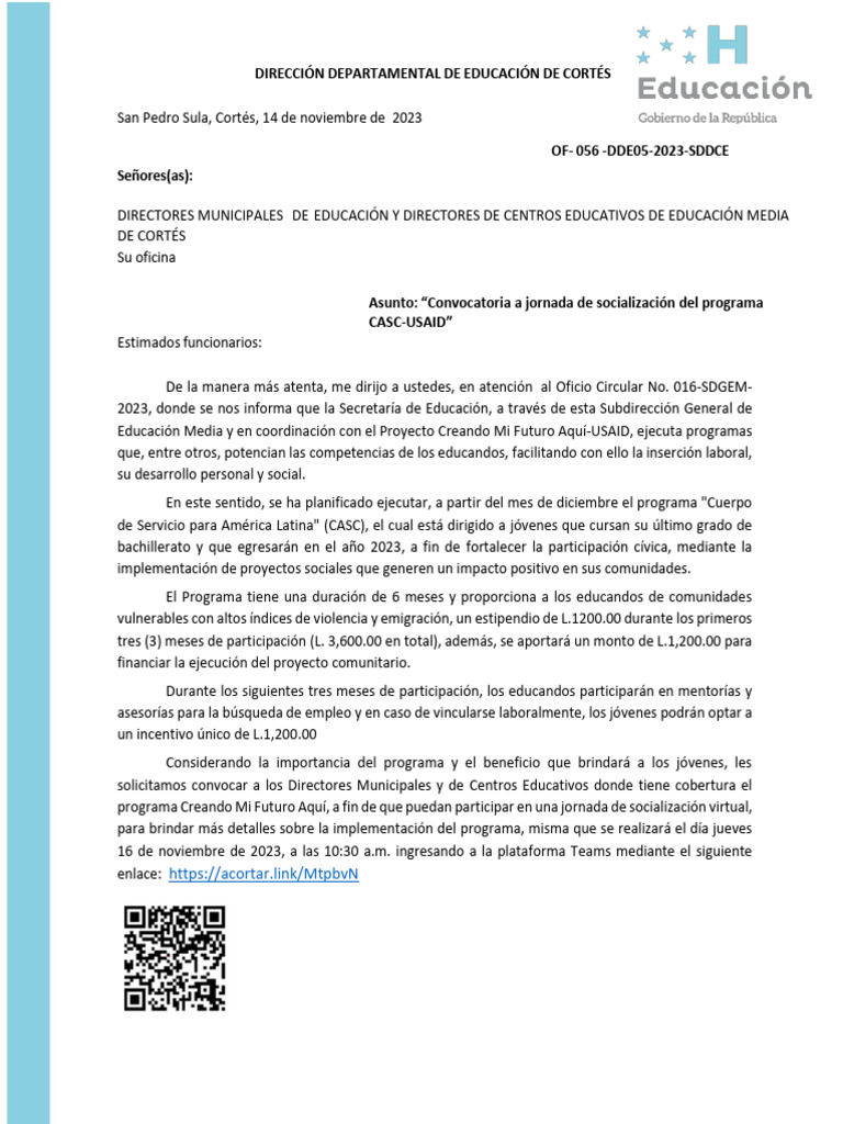 Oficio 059 Programa Casc-Usaid Socialización | PDF