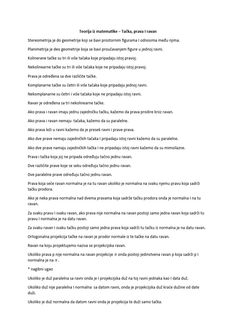 Teorija iz matematike - prava, tačka i ravan | PDF