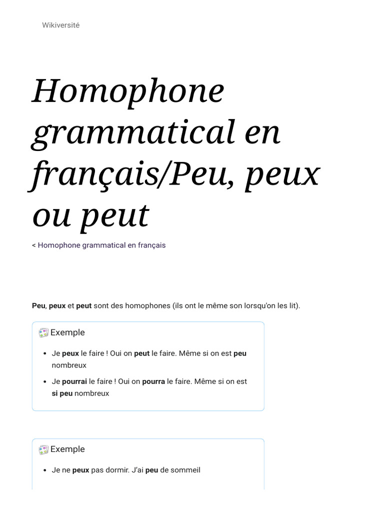 Homophones Français : Peu, Peux, Peut | PDF | Arts du langage et ...