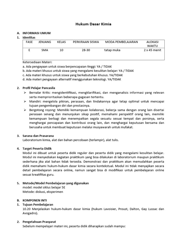 Modul Ajar Hukum Dasar Kimia | PDF | Sains & Matematika