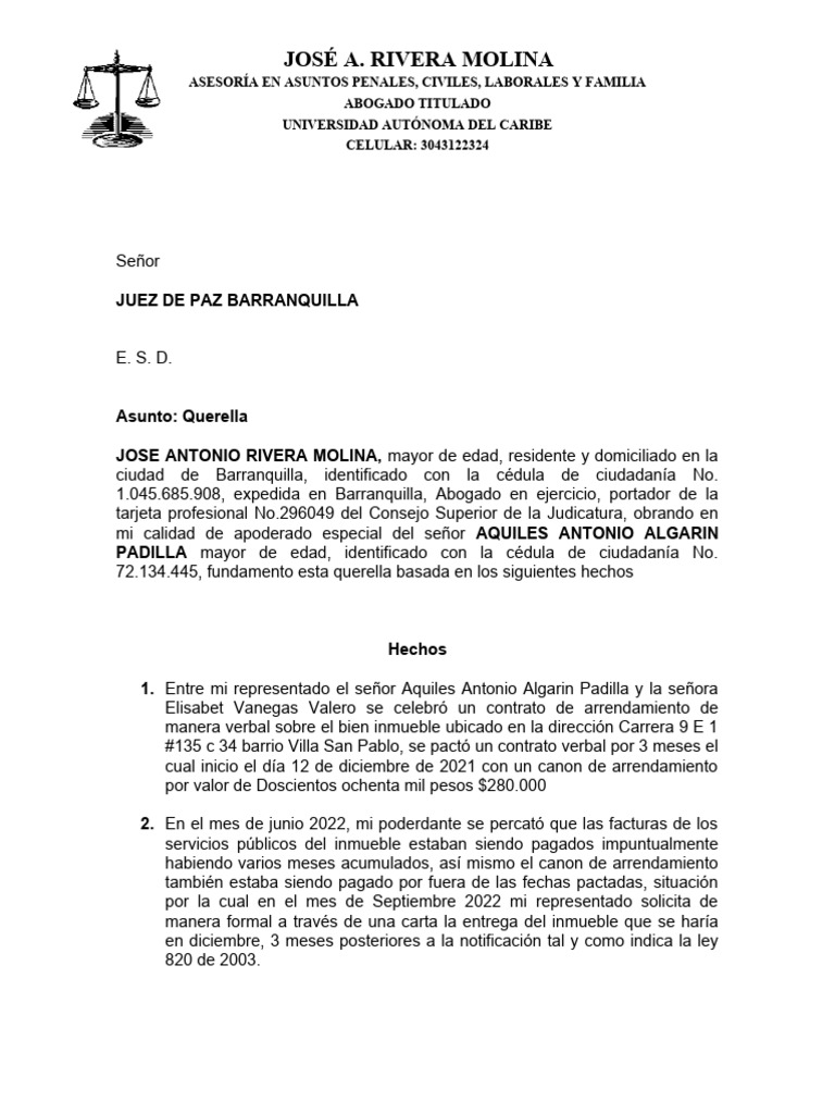 Querella Por Perturbacion A La Posesion o Mera Tenencia | PDF Querella Por Perturbacion A La Posesion o Mera Tenencia | PDF