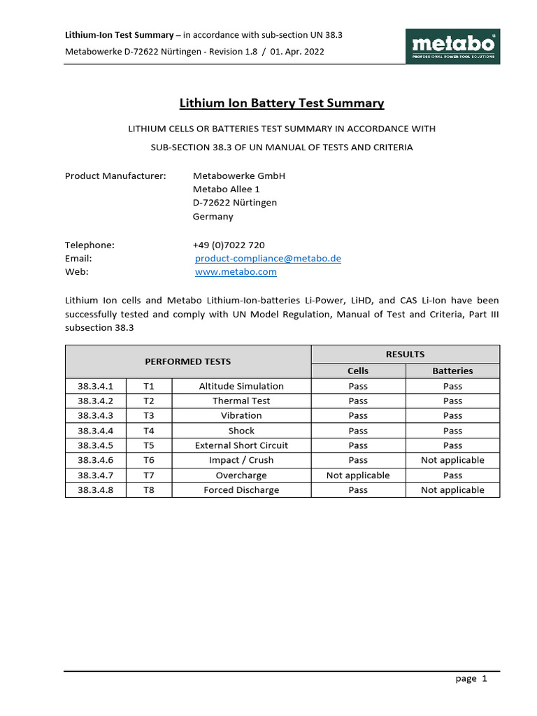 Safetyinfo Batteries Test Summary EN | PDF | Lithium Ion Battery ...